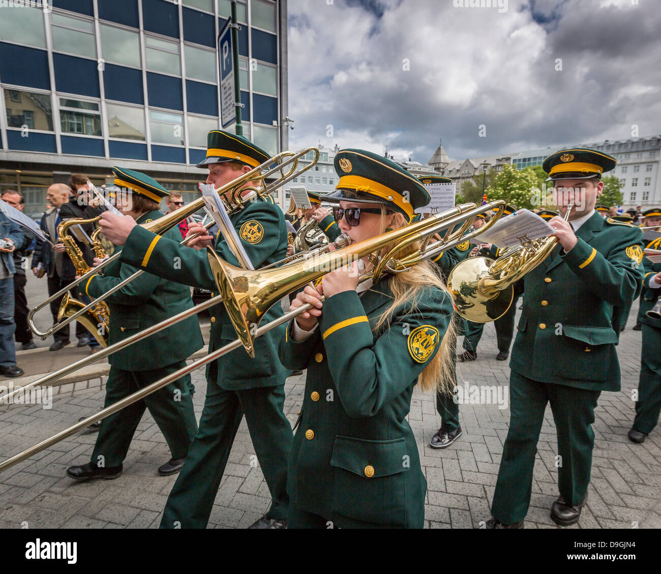 Marching band in a parade during The Icelandic Independence Day, June ...