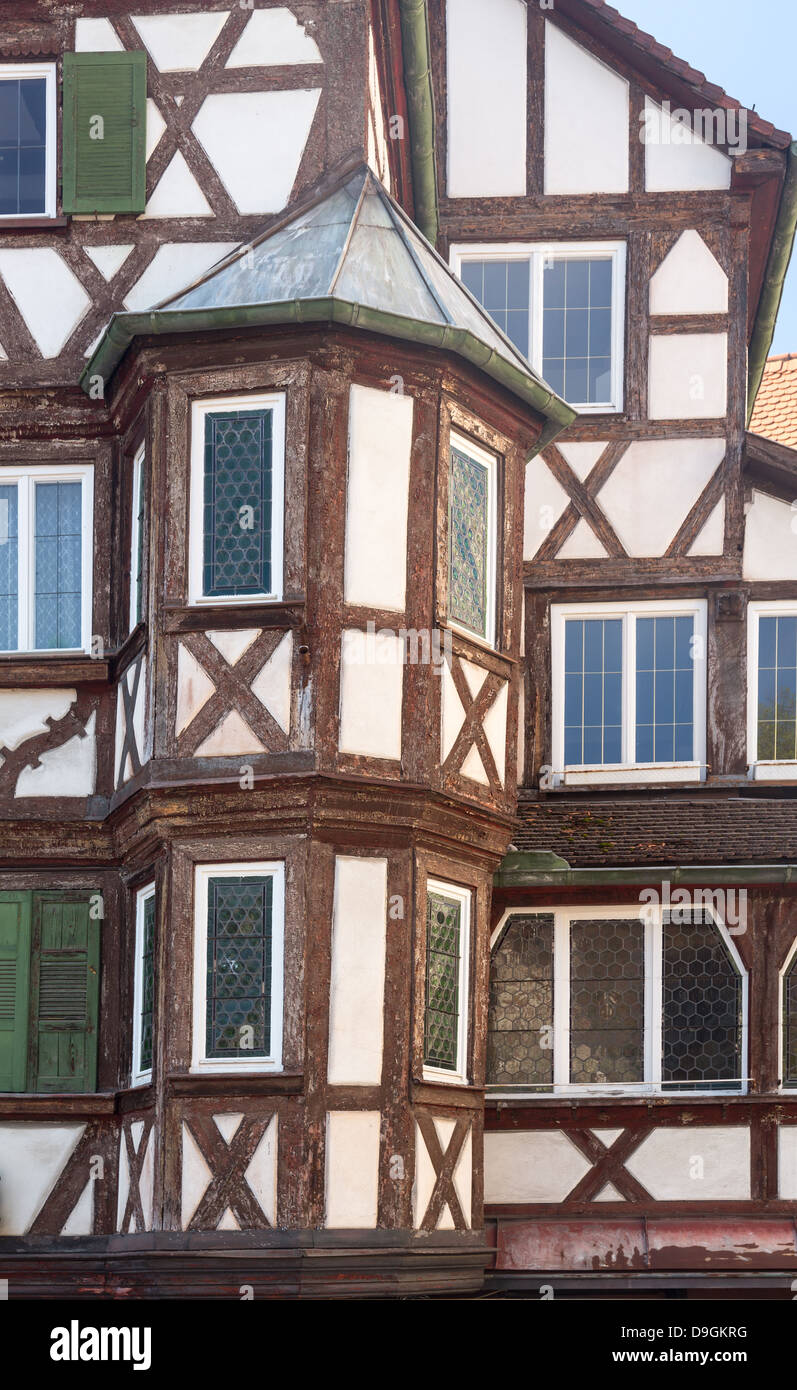 Wooden window turret in ancient tourist town city of Mosbach in ...