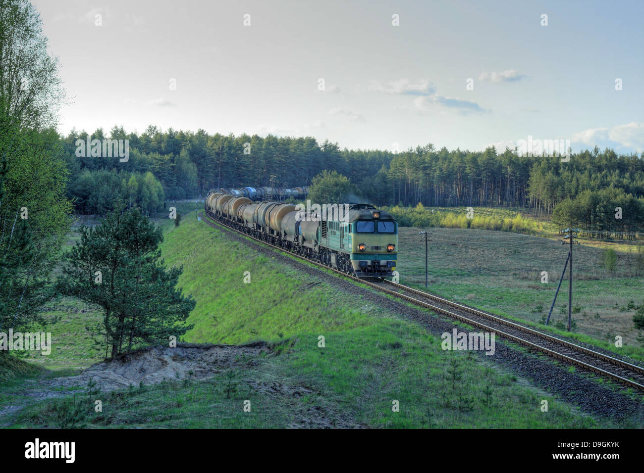 Freight train hauled by the diesel locomotive passing the forest Stock ...