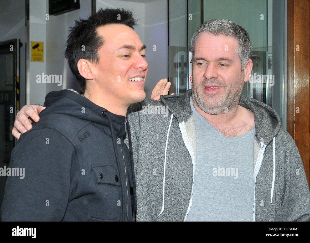 Dave Vitty, aka Comedy Dave, and Chris Moyles congratulate each other ...