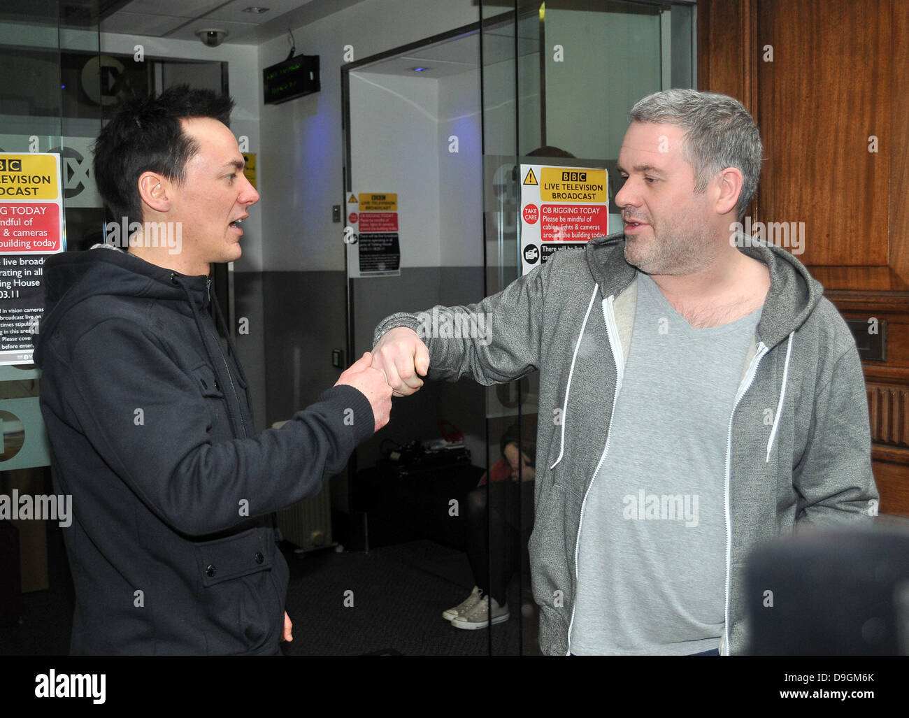 Dave Vitty, aka Comedy Dave, and Chris Moyles congratulate each other ...