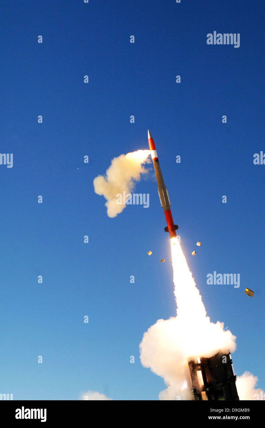 A Medium Extended Air Defense System missile is launched to intercept a ...