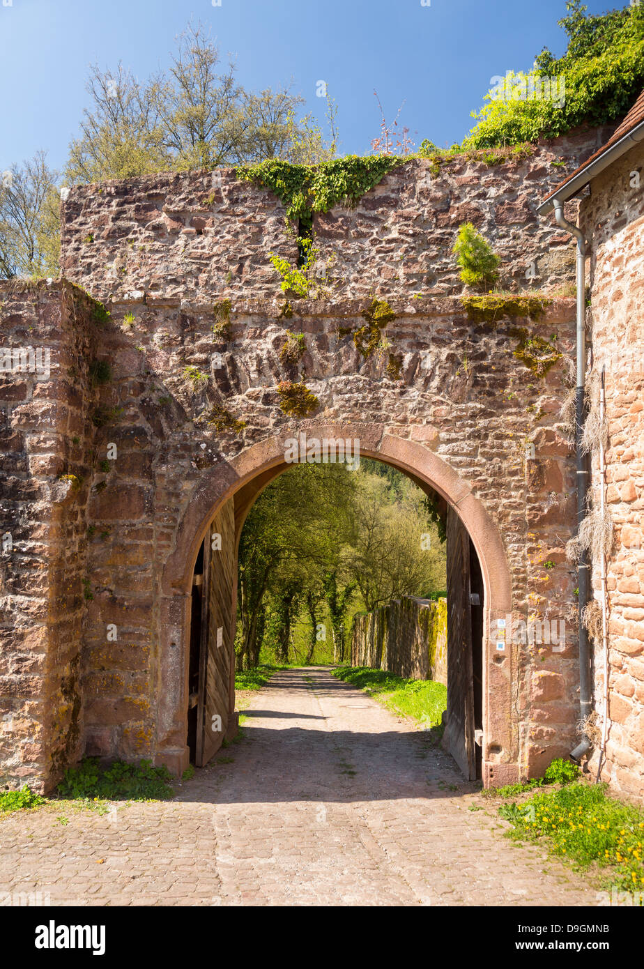Stone arch in old castle walls with wooden doors and cobbled road in ...