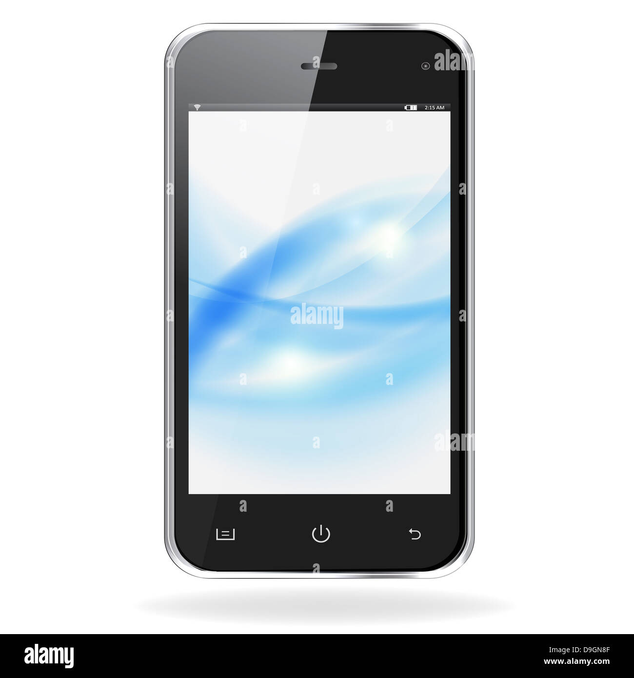 Realistic mobile phone with blue waves on screen isolated on white ...