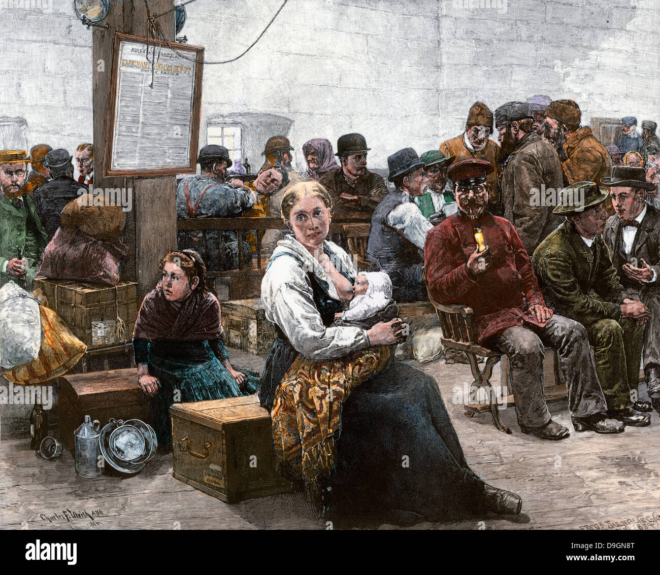 Immigrants waiting for entry at Castle Garden, New York harbor, 1880s ...