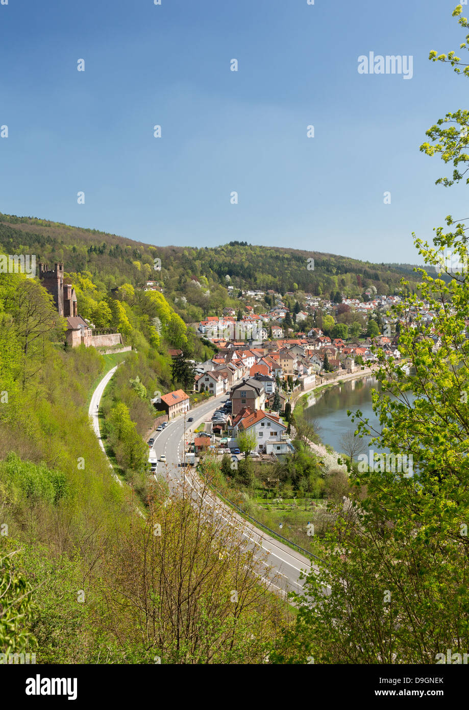 Ruins of ancient Mittelburg castle on hillside above Neckarsteinach on ...