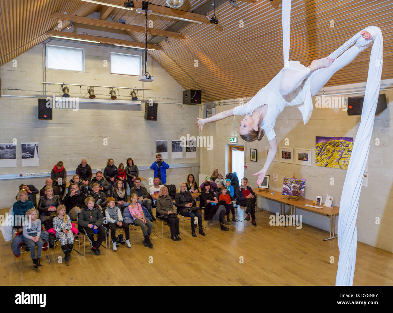 Aerial silk dance during the Winter Lights Festival, Reykjavik, Iceland ...