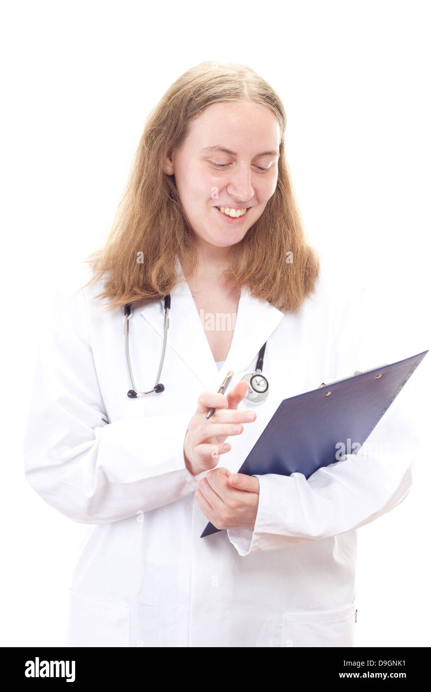 Happy female doctor reading patients file Stock Photo - Alamy