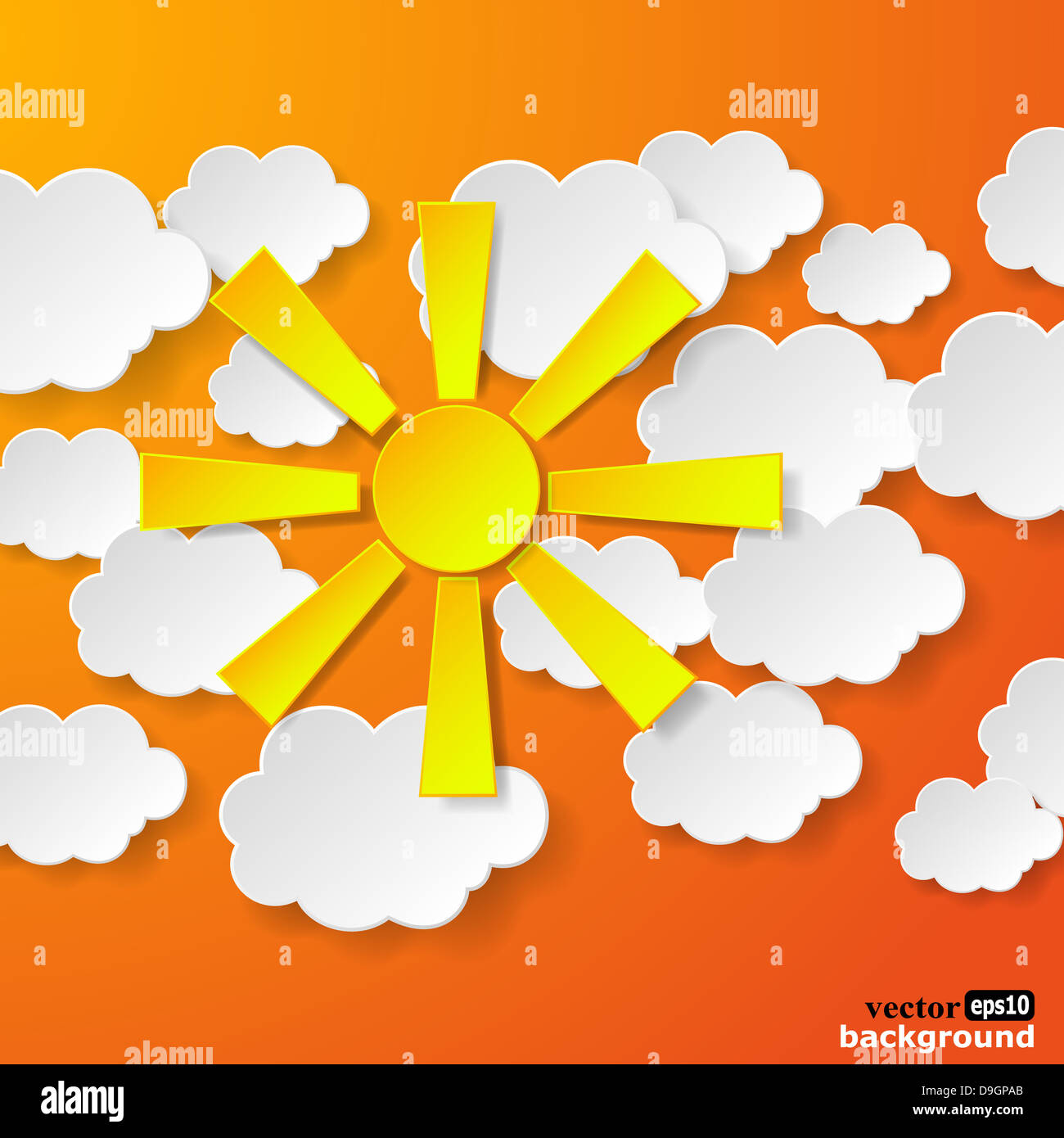 Abstract yellow paper sun and white paper clouds on orange background ...