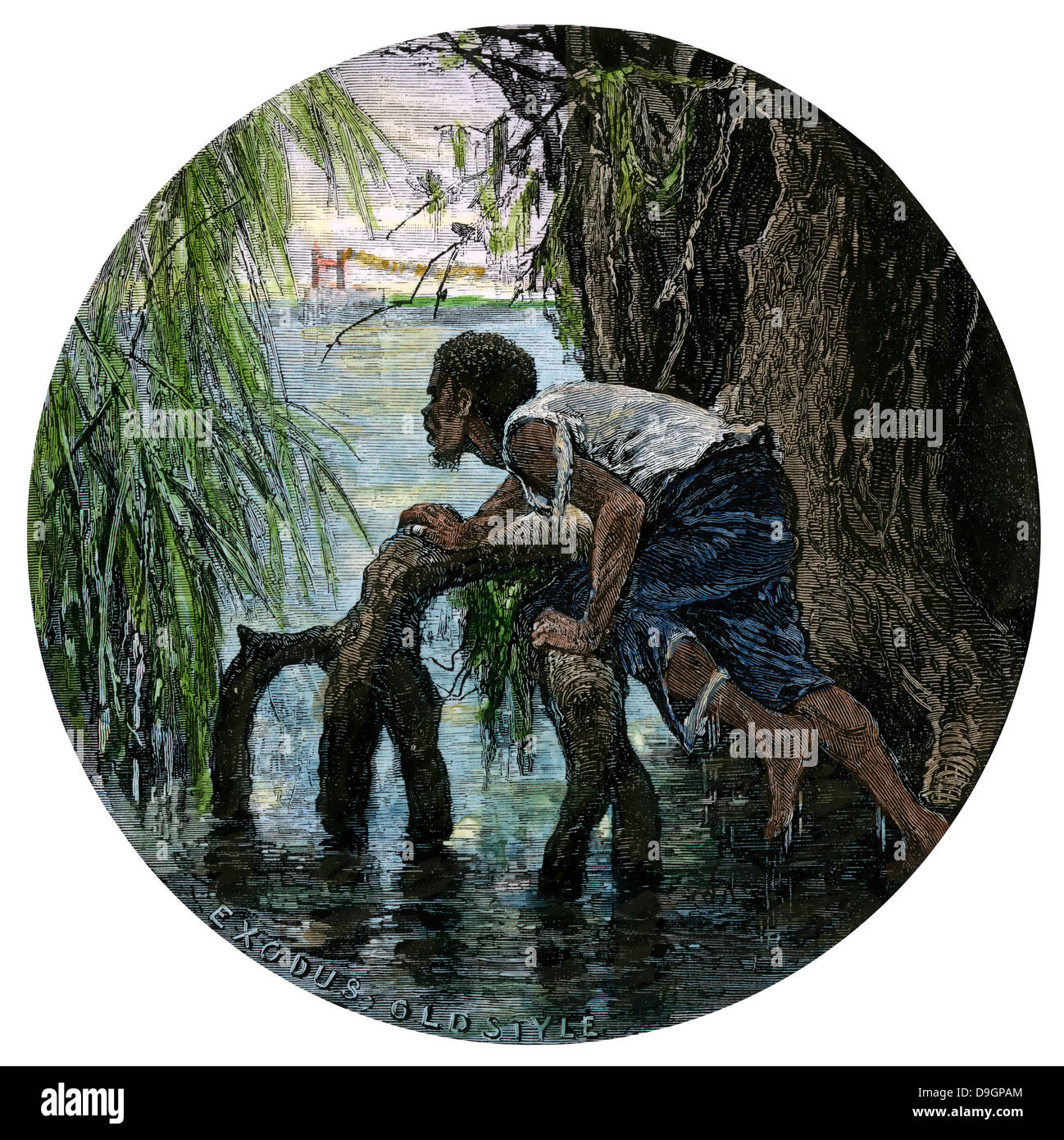 African-American escaping slavery by crossing the Ohio River, 1850s ...