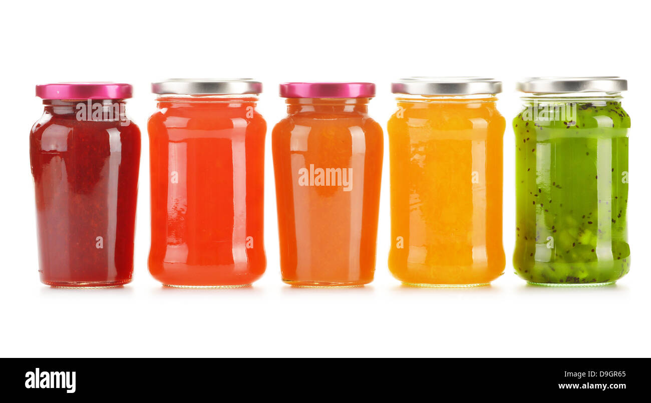 Composition with jars of fruity jams on white. Preserved fruits Stock ...