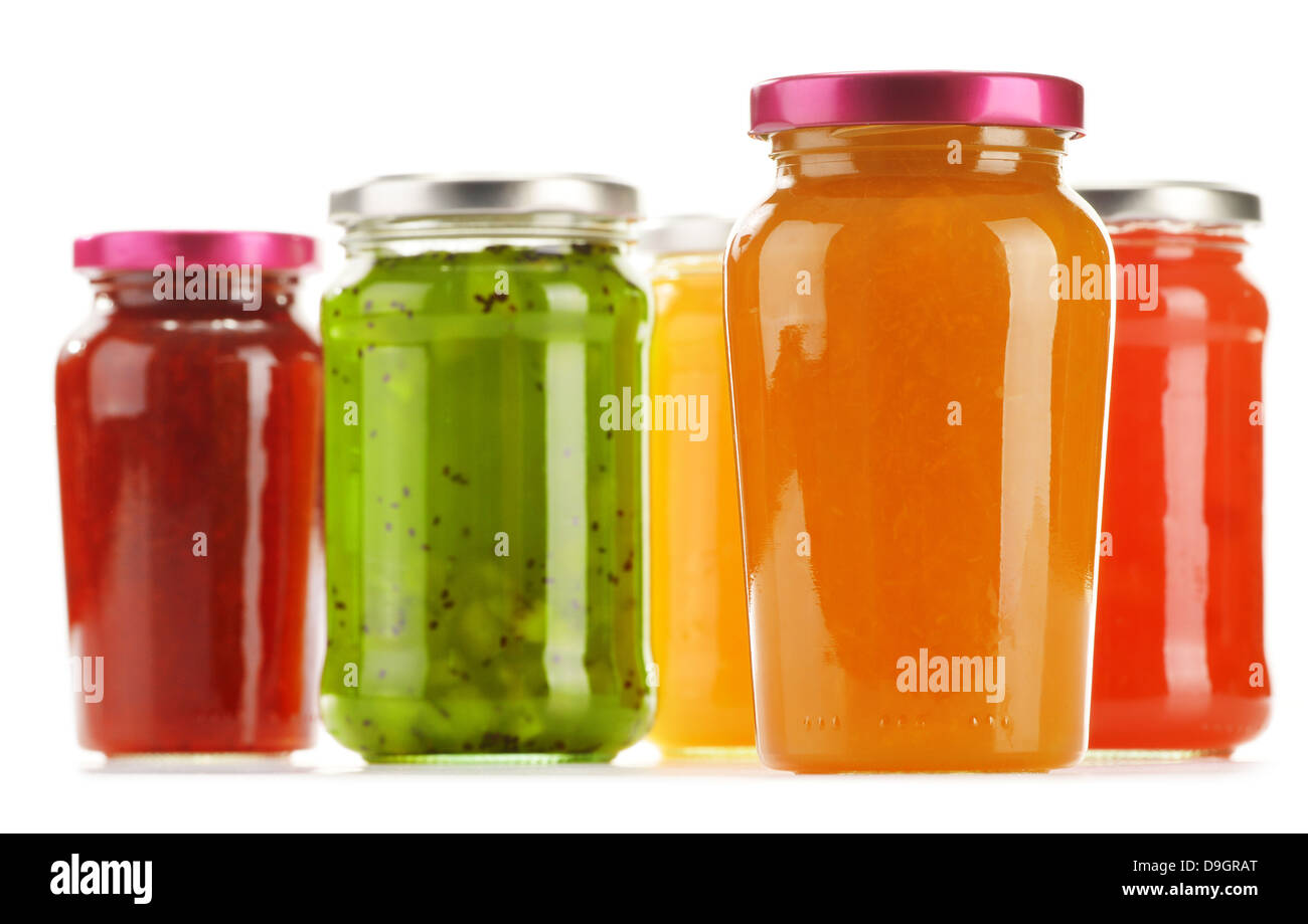 Composition with jars of fruity jams on white. Preserved fruits Stock ...