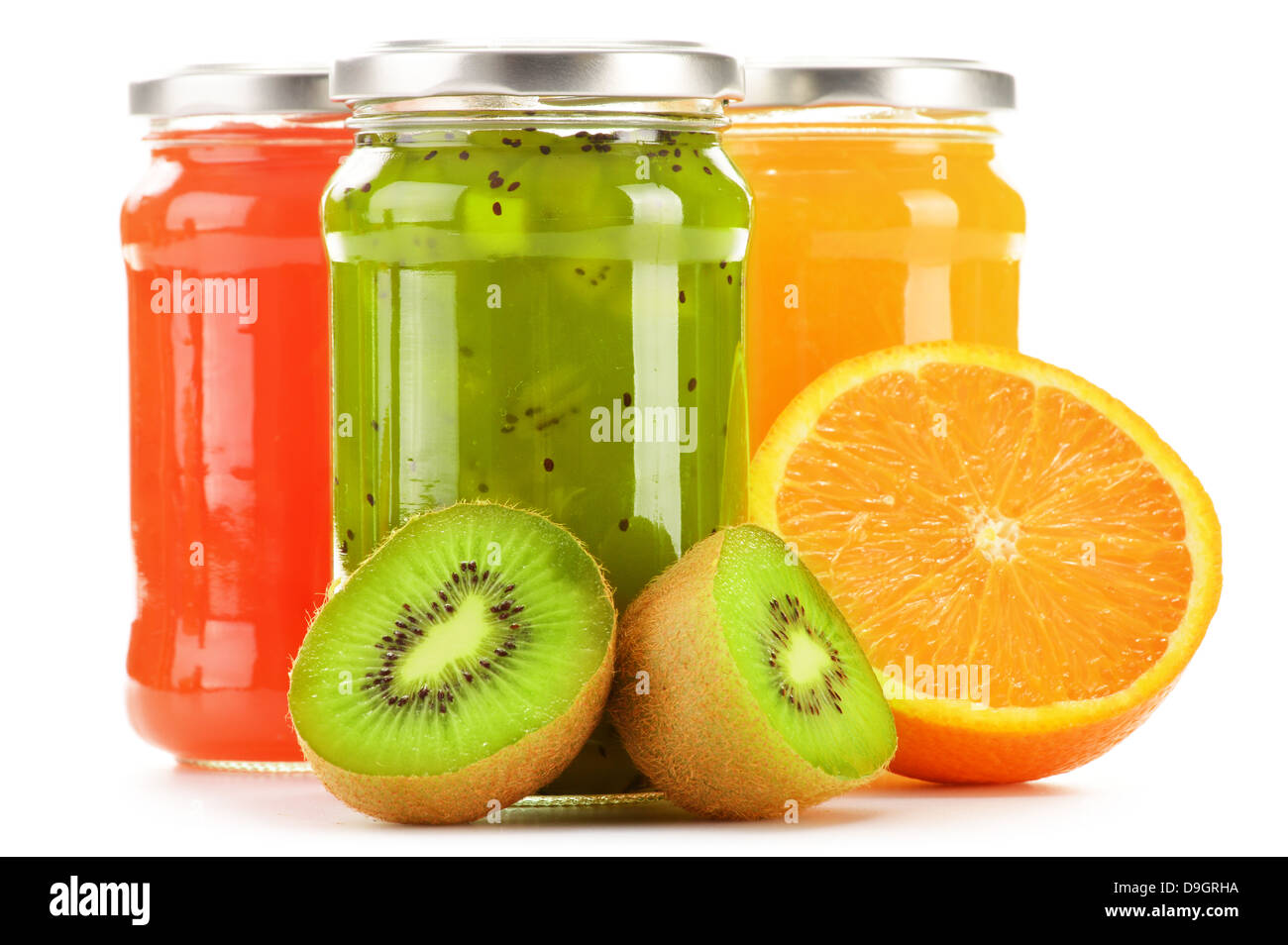 Jars of fruity jams isolated on white background. Preserved fruits ...