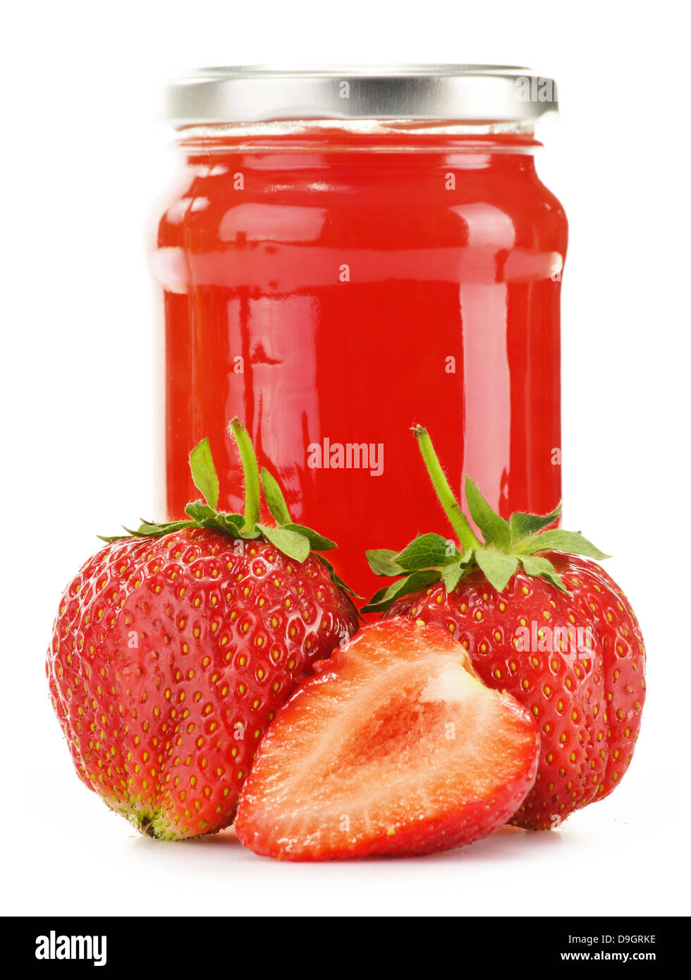 Jar of strawberry jam isolated on white background. Preserved fruits ...
