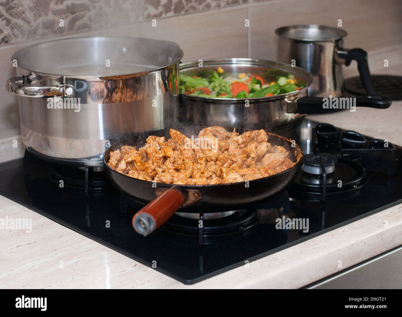 Cooking - kebab, pasta and vegetables Stock Photo - Alamy