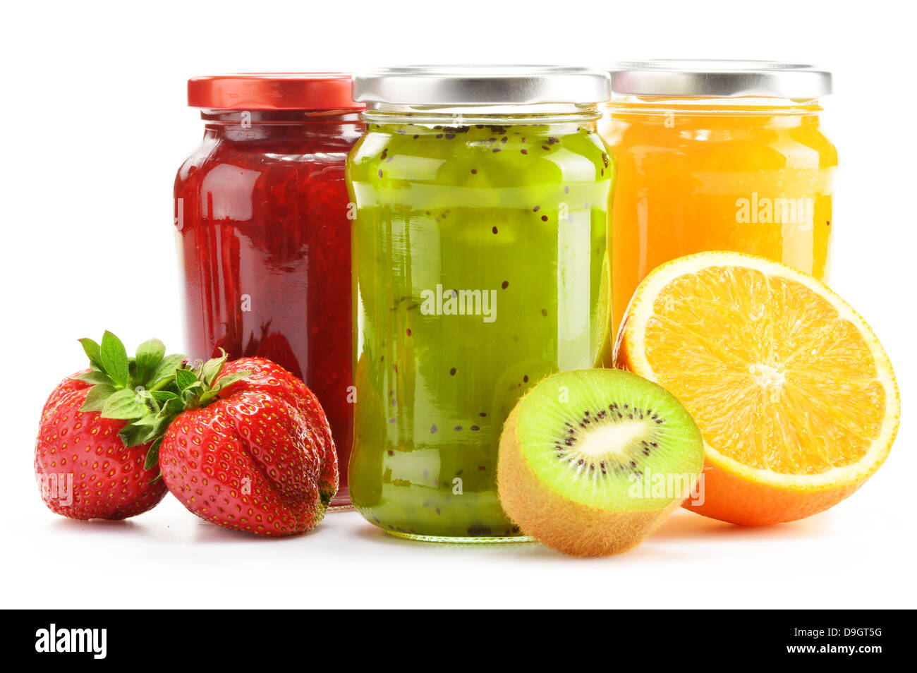 Composition with jars of fruity jams on white. Preserved fruits Stock ...