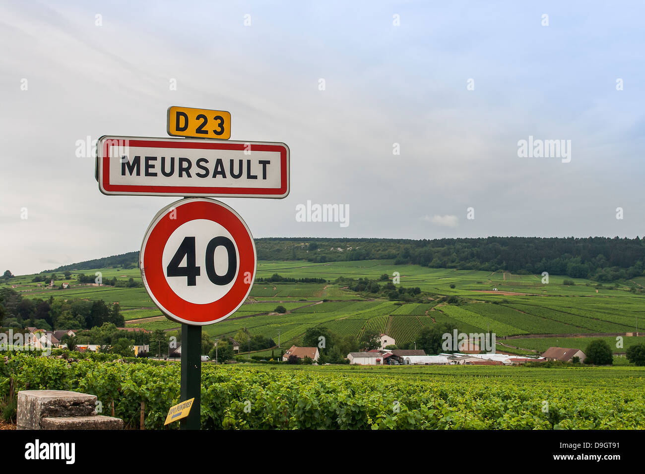 Meursault village sign in France with view on vineyards and village ...
