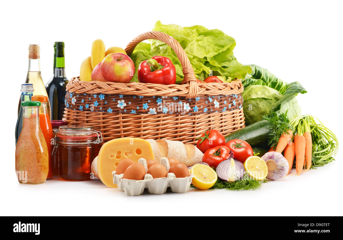 Composition with assorted grocery products isolated on white background ...