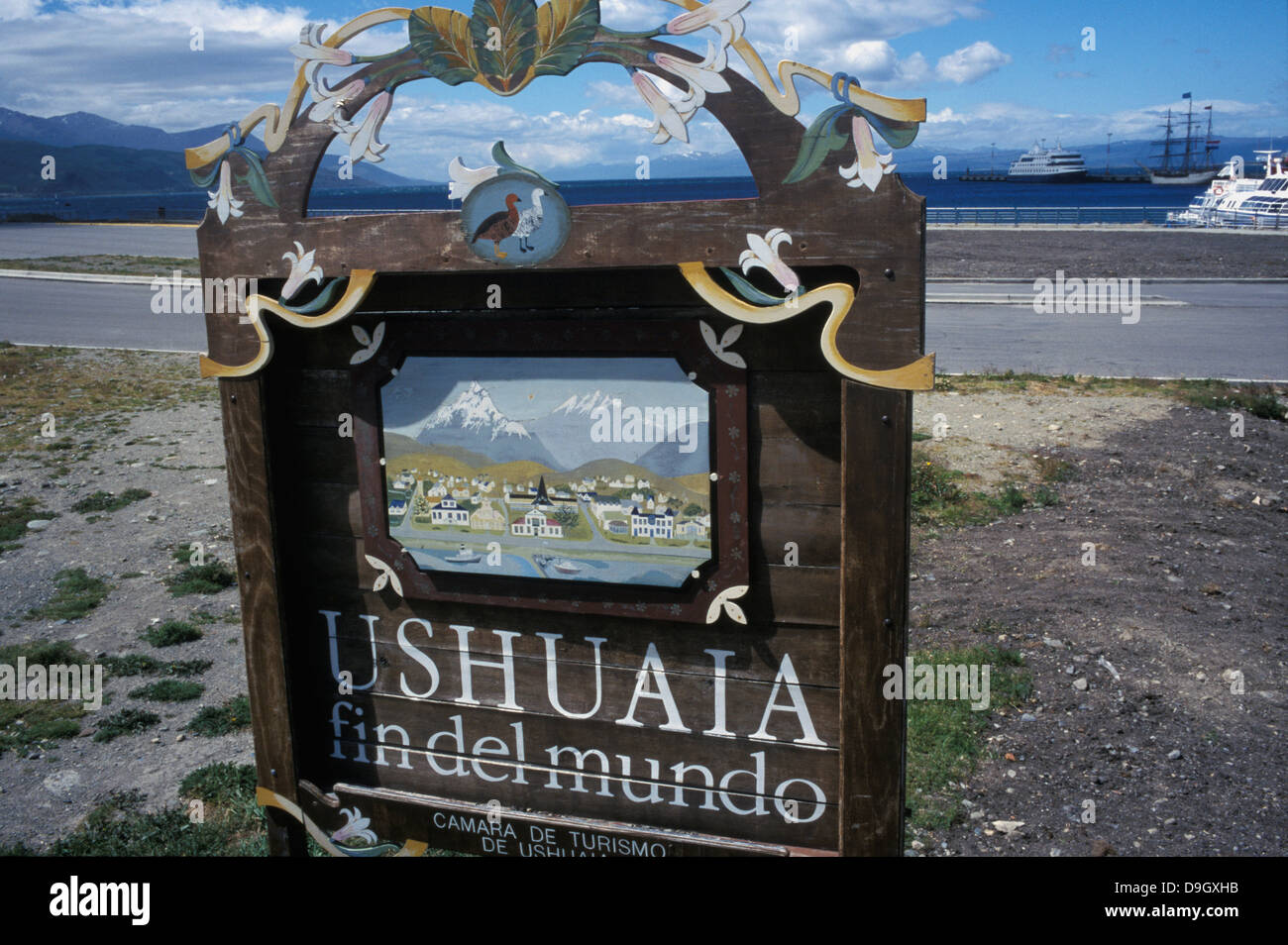 A sign announces that Ushuaia is the city at the end of the world, in ...