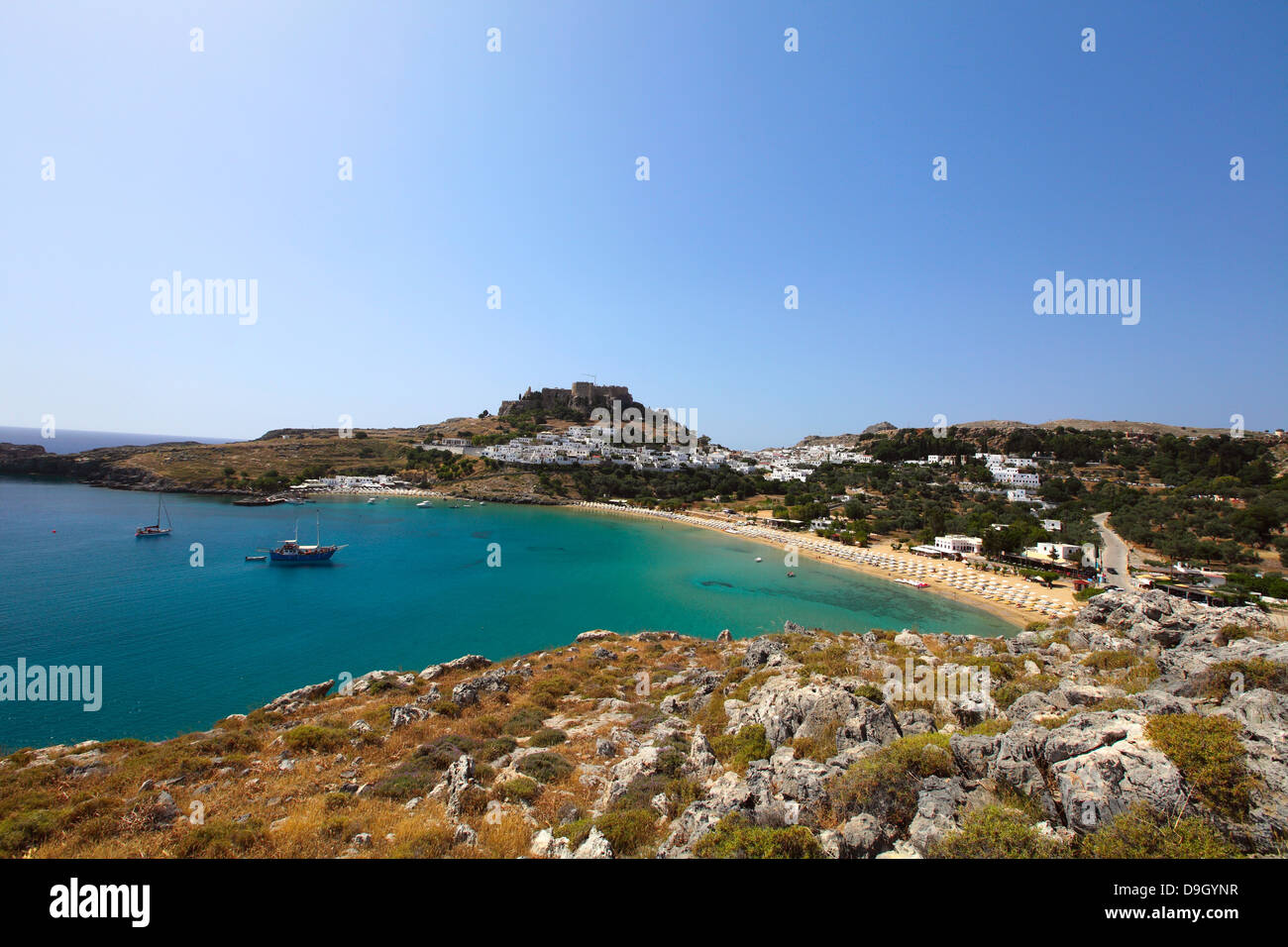 Landscape of the island of Rhodes with a view of the castle and the ...