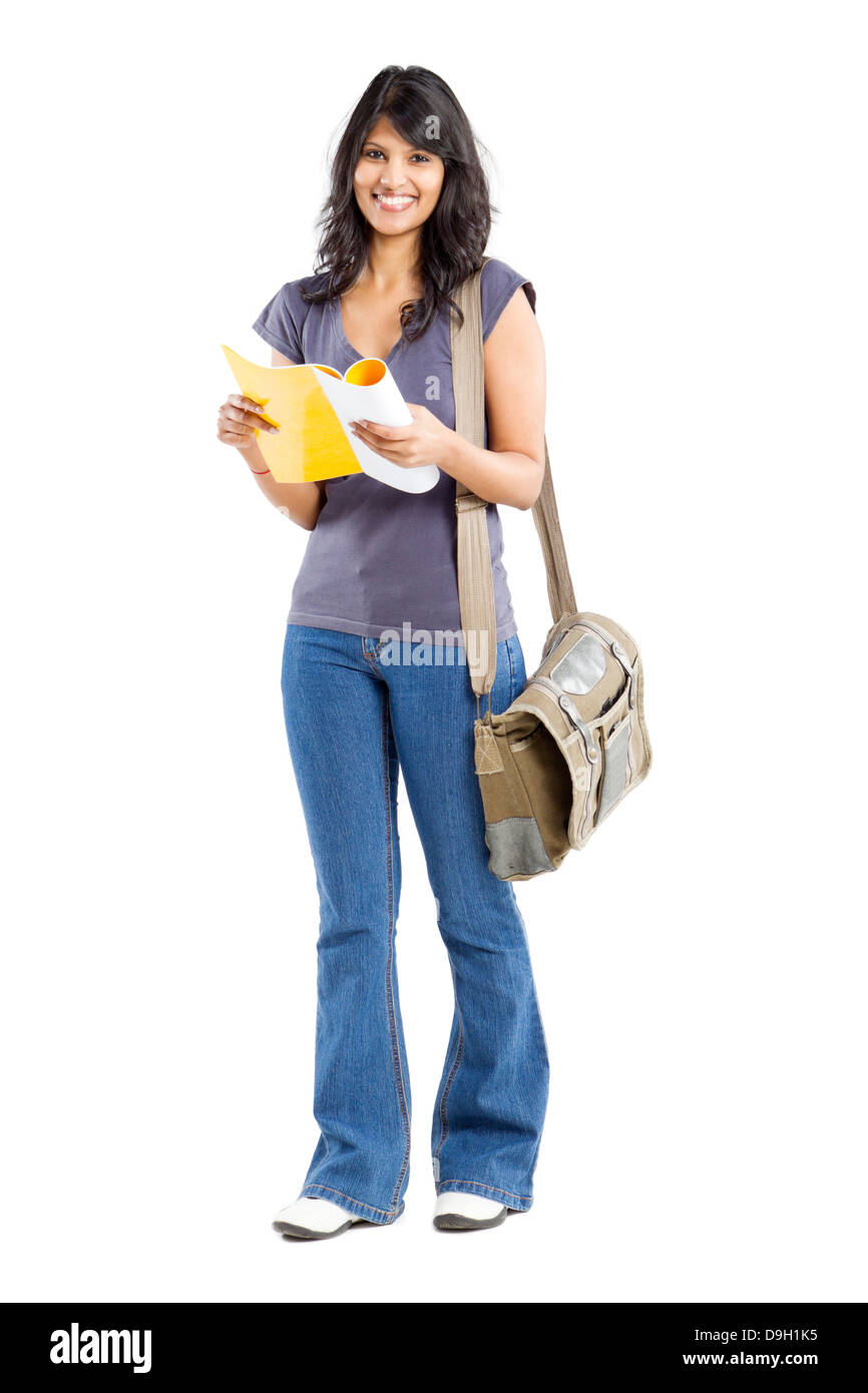 full length portrait of young female college student on white Stock ...