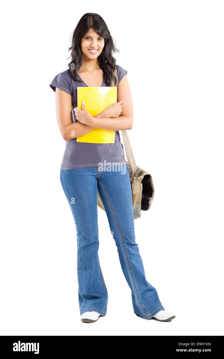 full length portrait of young female college student on white Stock ...
