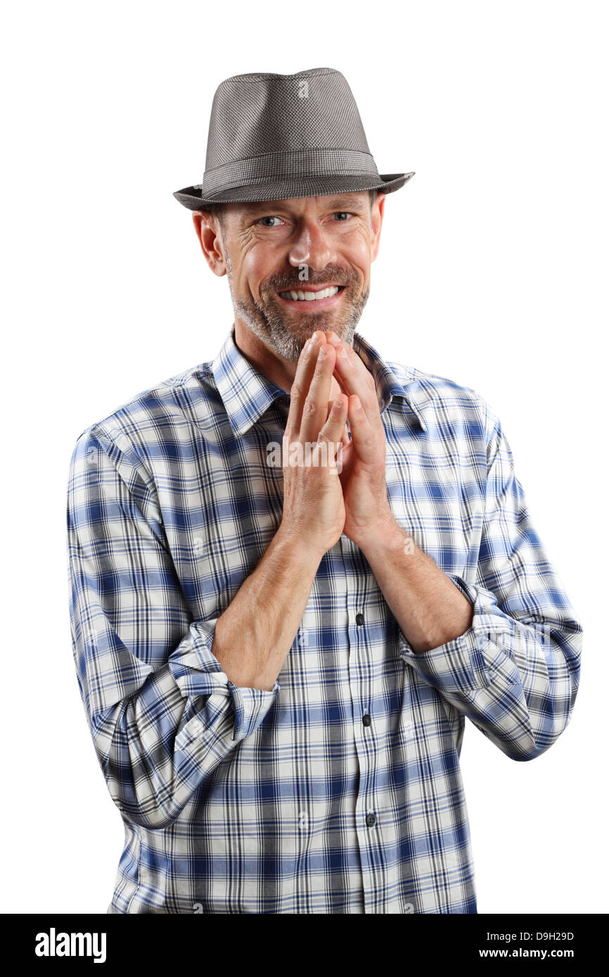 A brightly lit portrait of a smiling 40-something male with hands on ...