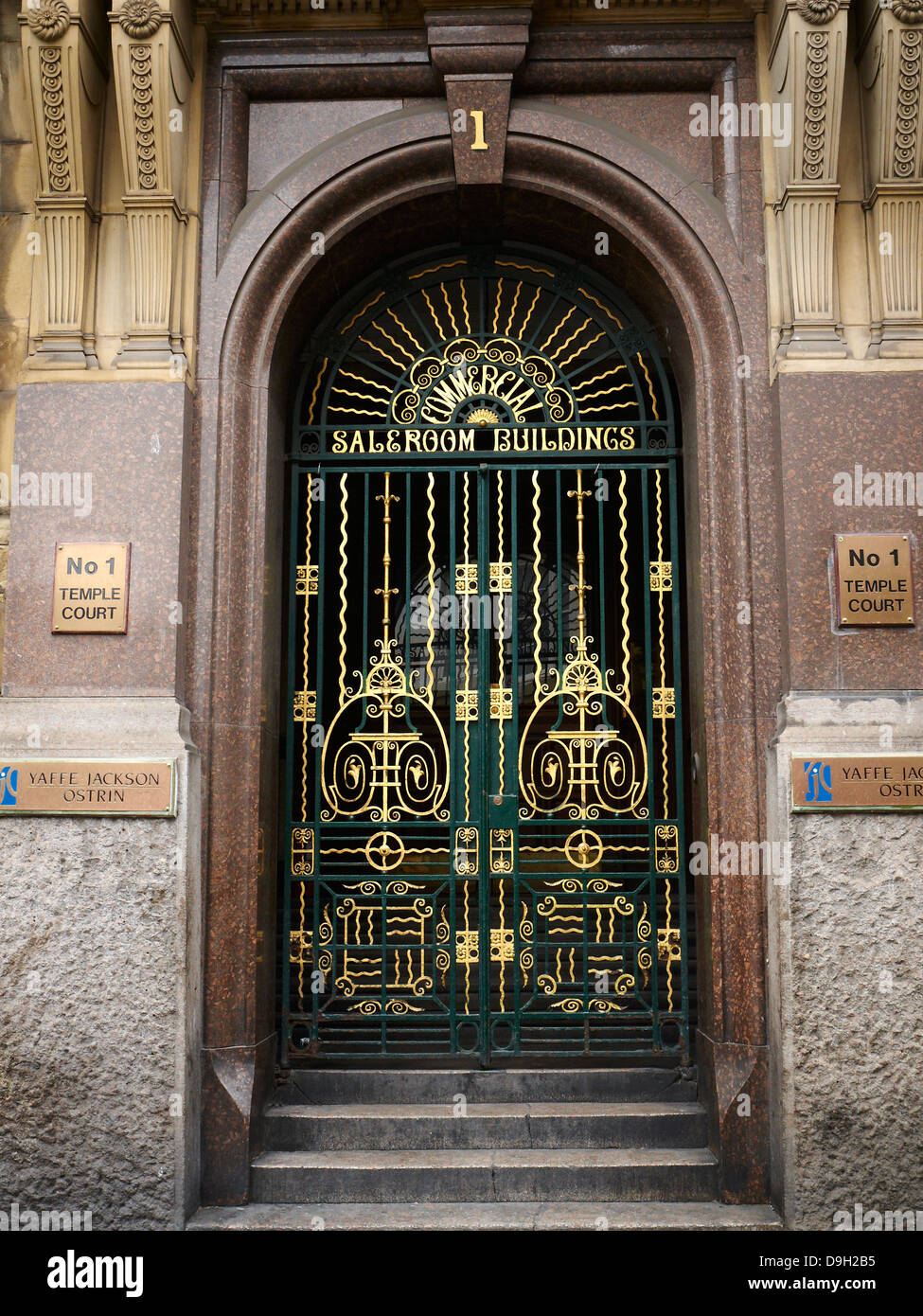 Commercial saleroom buildings gate at No1 Temple Court in Liverpool UK ...