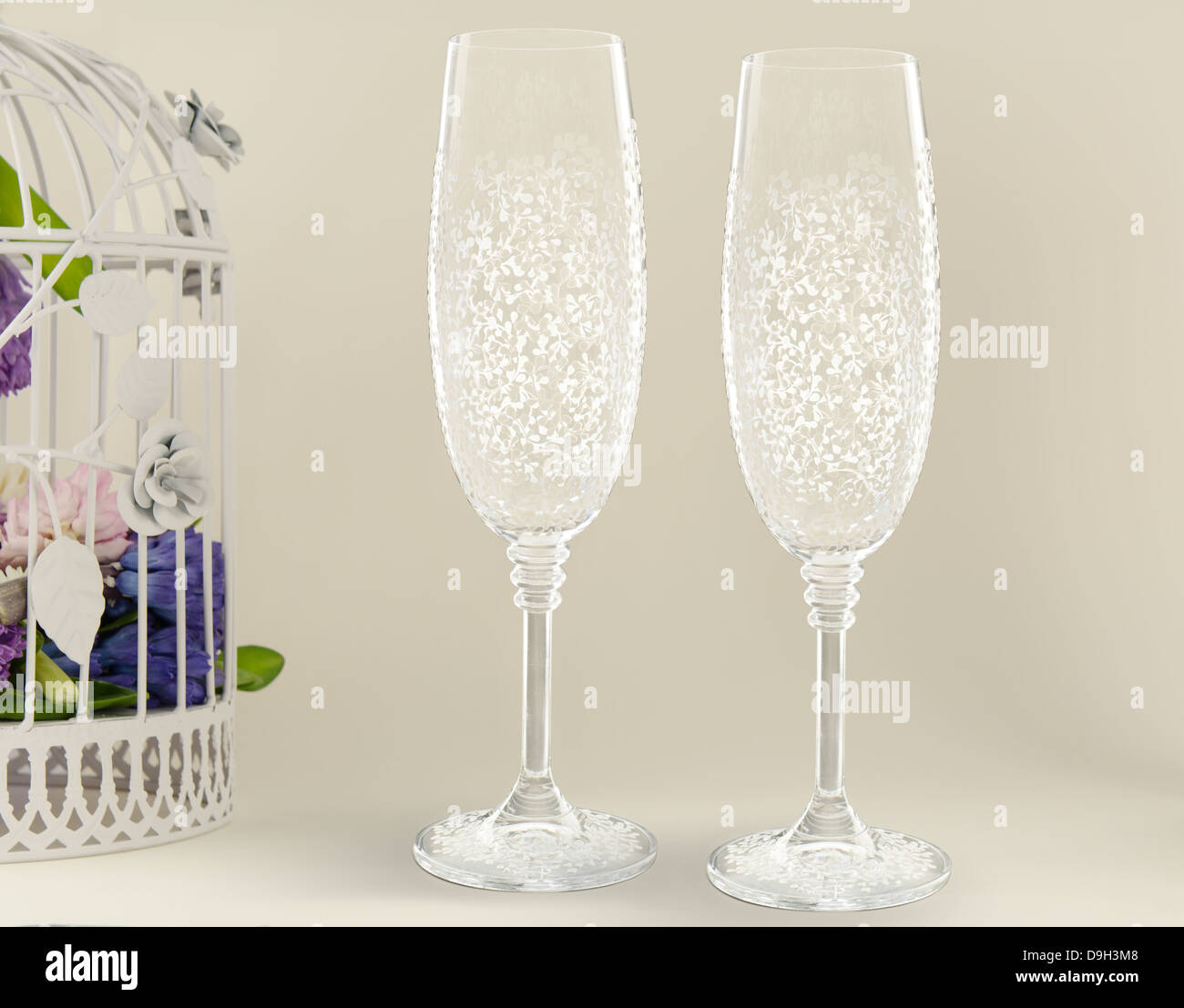 Two fancy wedding goblets glasses on tender background Stock Photo - Alamy