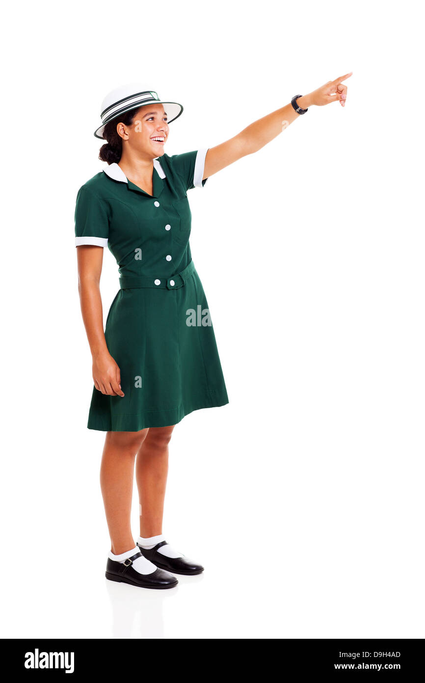 cheerful middle school student pointing up isolated on white background ...