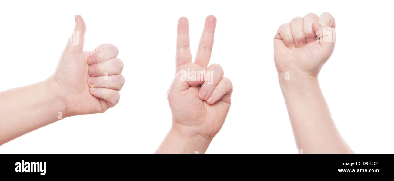 hand sign set: thumbs up, peace / victory, fist Stock Photo - Alamy