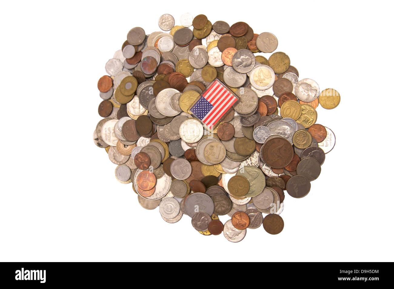 American flag on a pile of coins isolated on white background Stock ...