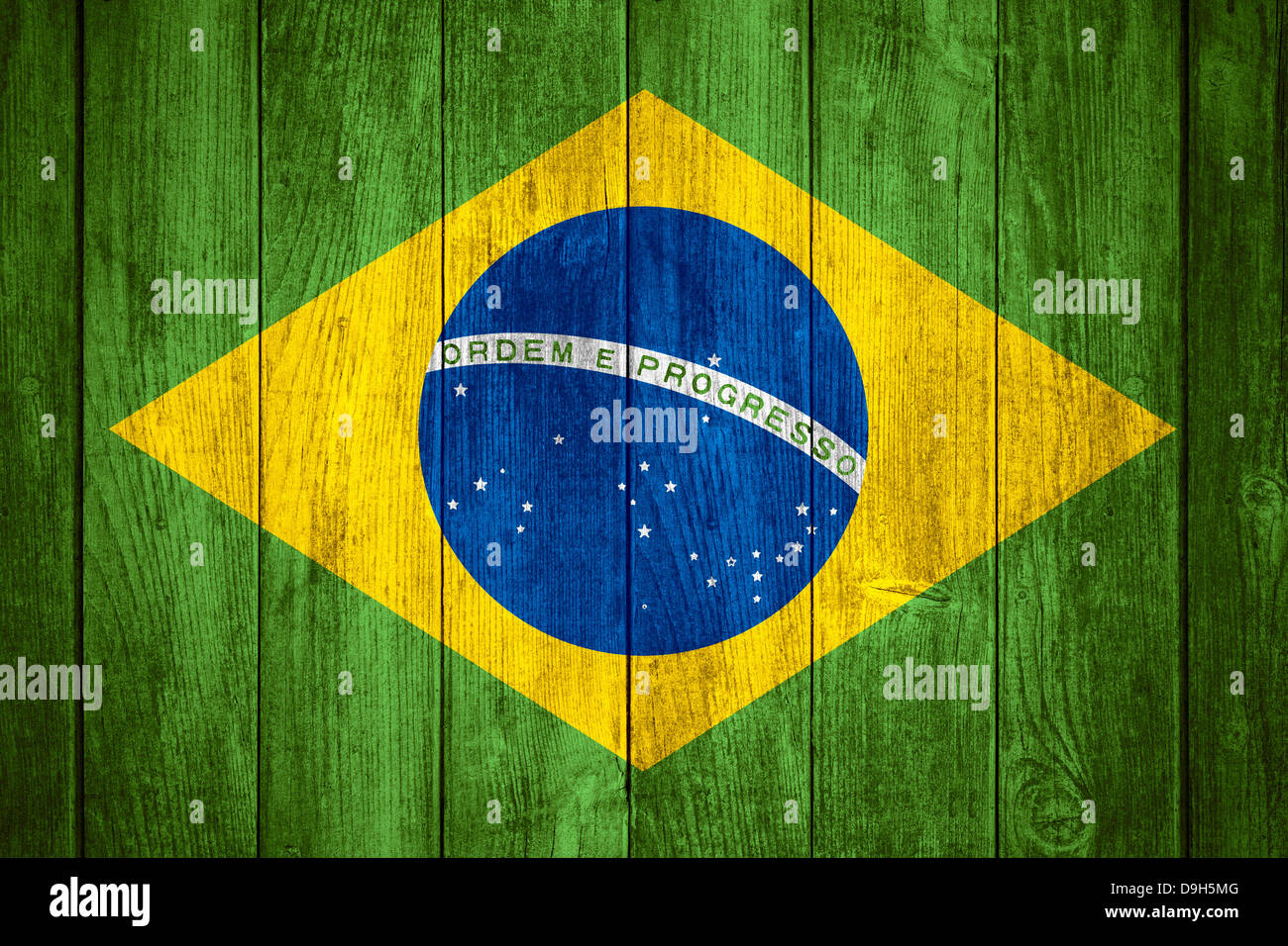 Brazil flag or green, yellow, blue and white Brazilian banner on wooden ...