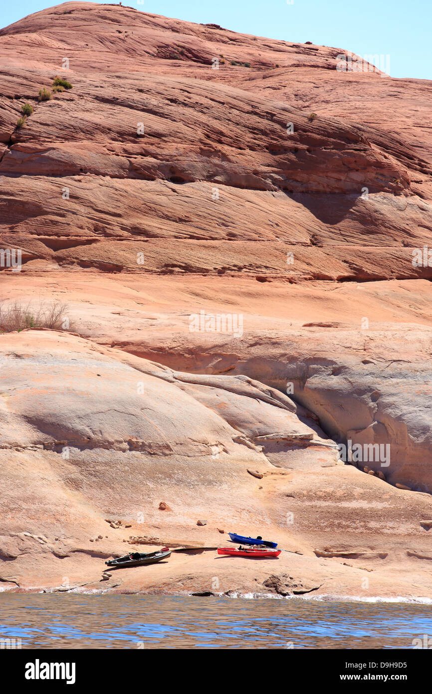 Kayaks on the shore of a cliff in Moki Canyon at Lake Powell, Utah ...
