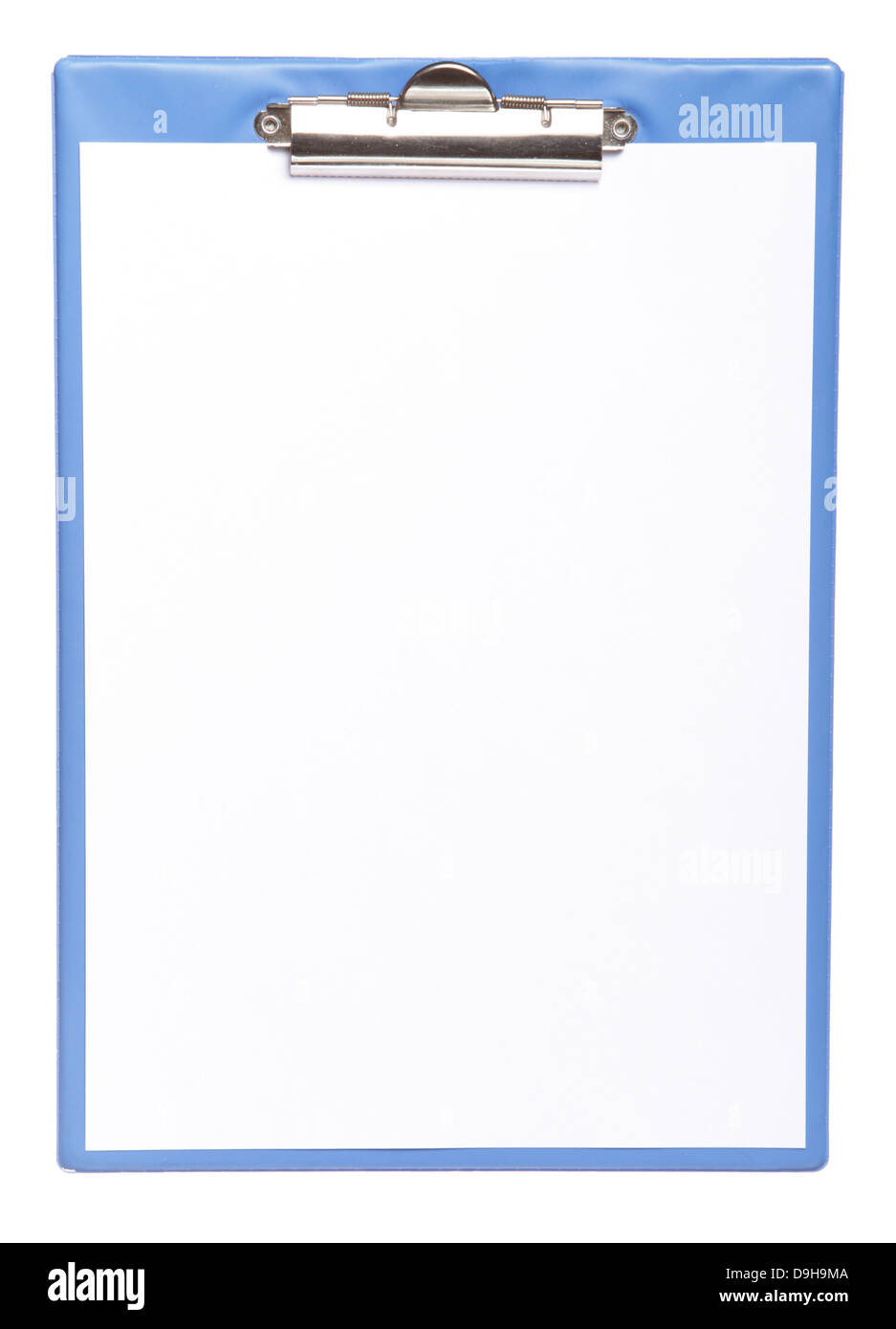 Blue clipboard with blank sheet paper isolated on white background ...