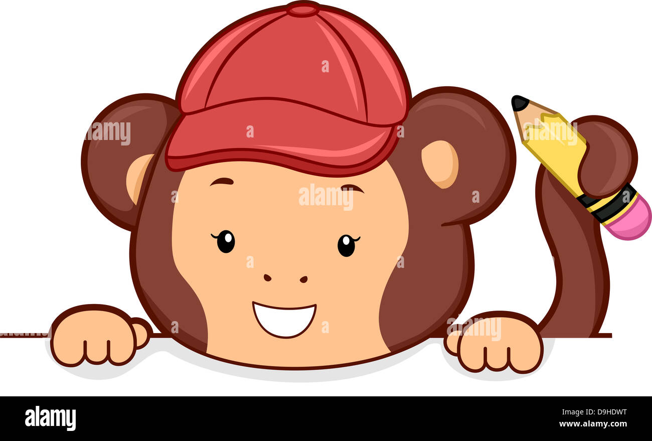 Illustration of a Monkey with Pencil on its Tail Peeking on Blank Board ...
