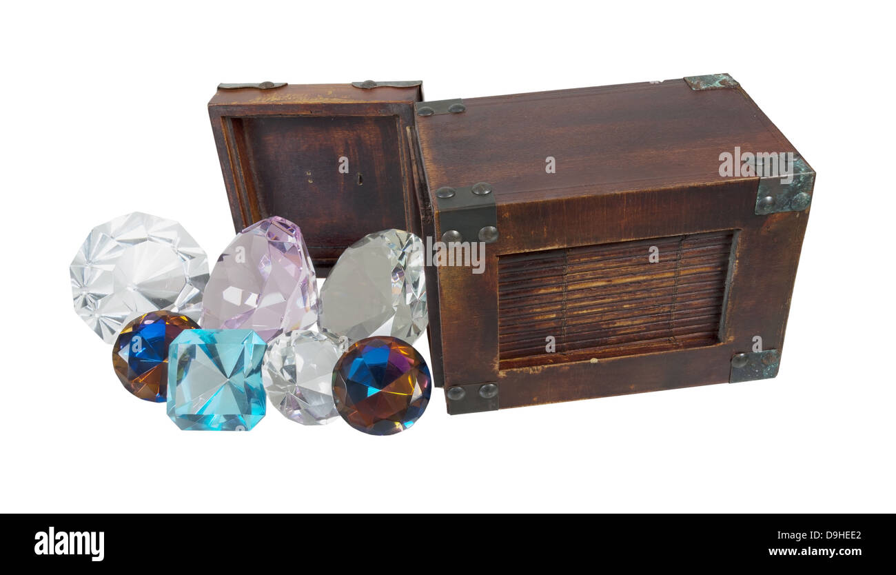 Bright and colorful gems pouring from a wooden box - path included ...