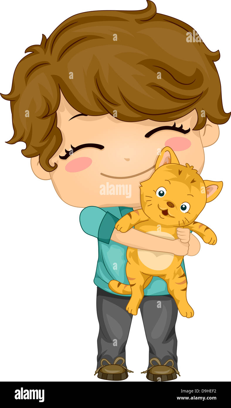 Illustration of Little Boy Carrying his Pet Cat Stock Photo - Alamy