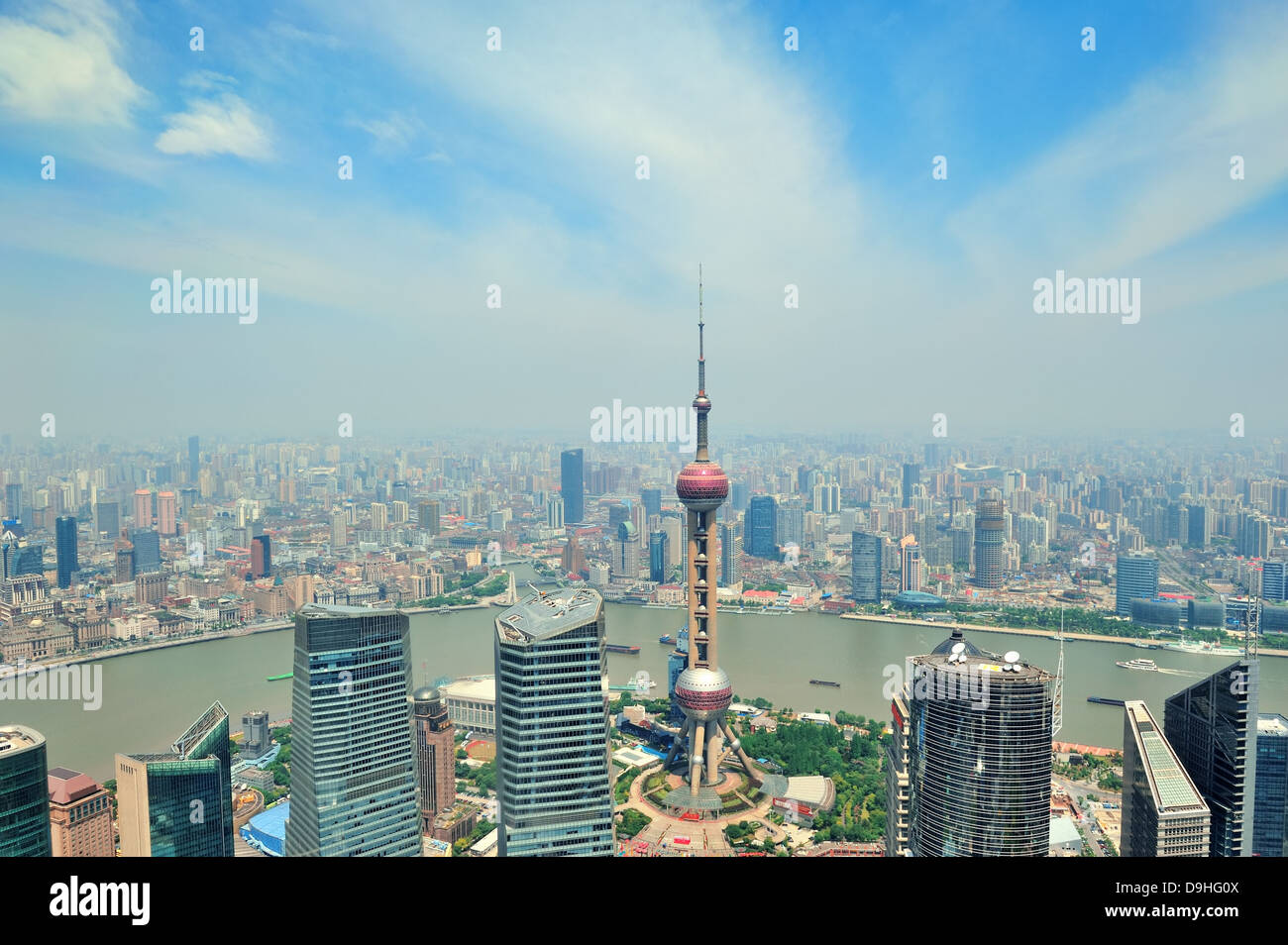 Shanghai city aerial view in the day with blue sky and cloud with ...