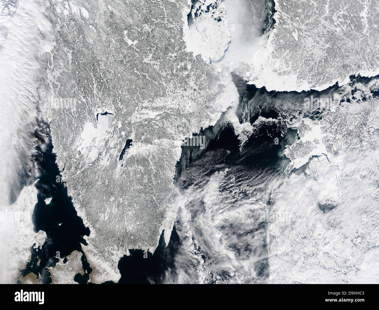 Sea ice lines the coasts of Sweden and Finland in this satellite view ...
