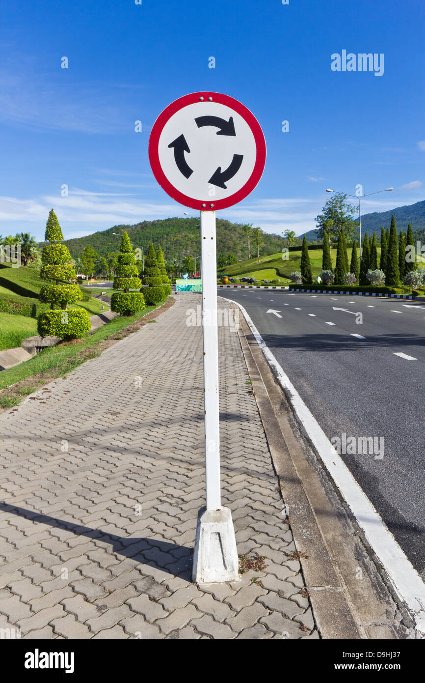 Traffic Circle Sign with Blue Sky Background in a Bright Day Stock ...