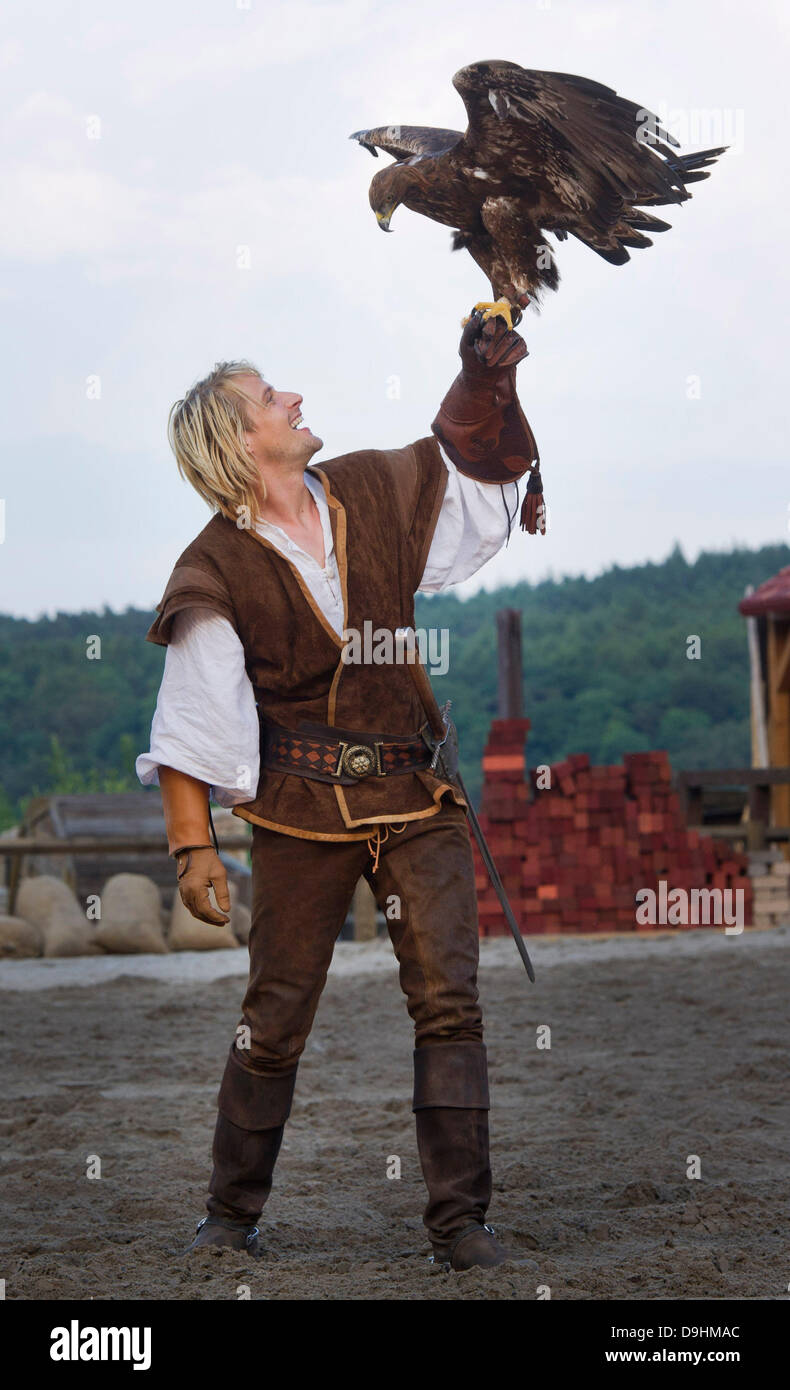 Actor Bastian Semm (as the pirate Klaus Stoertebeker) interacts with a ...