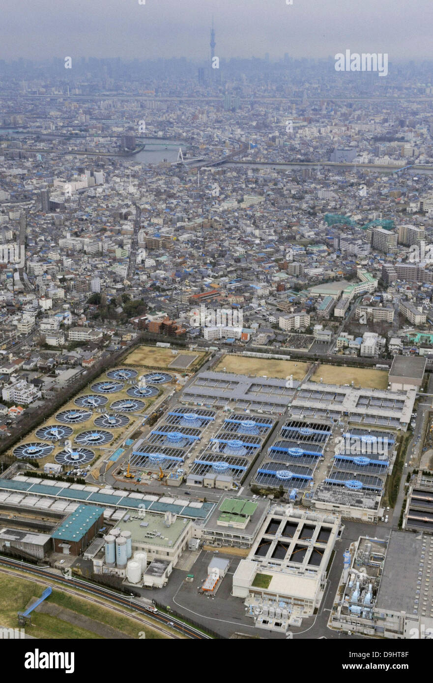 Photo from a Kyodo News helicopter shows a water purification plant in ...
