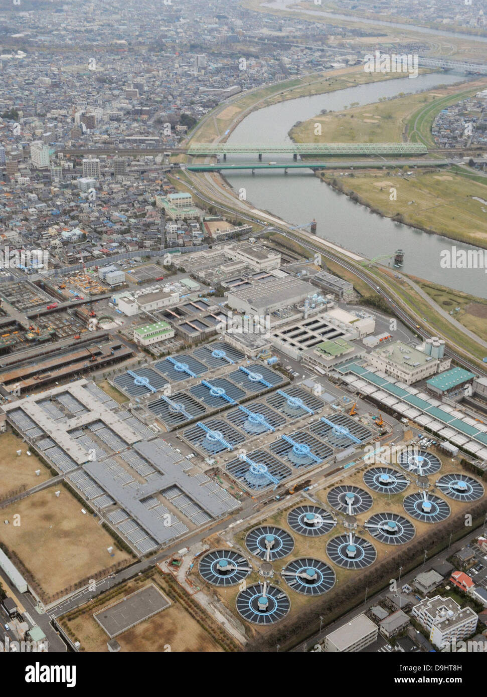 Photo from a Kyodo News helicopter shows a water purification plant in ...