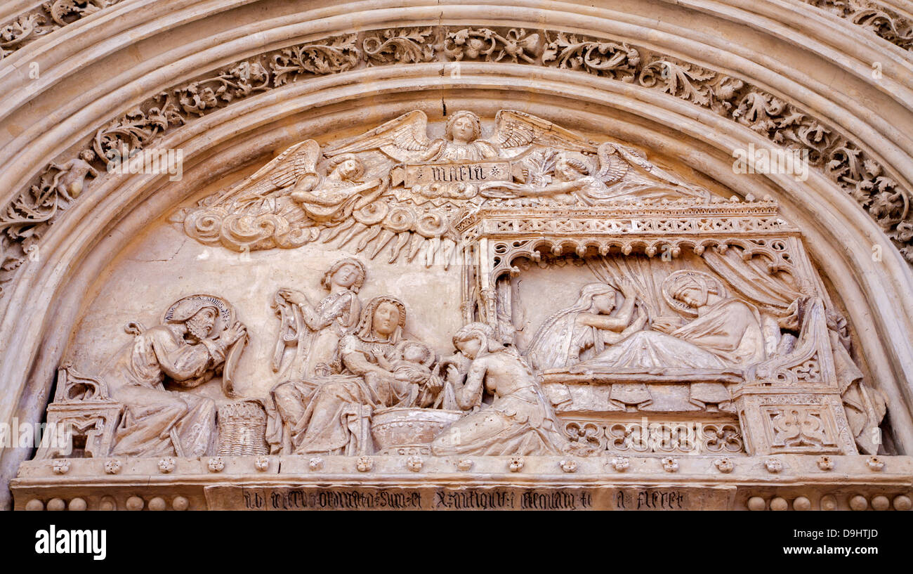 MADRID - MARCH 9: Detail of Nativity scene from main portal of gothic ...