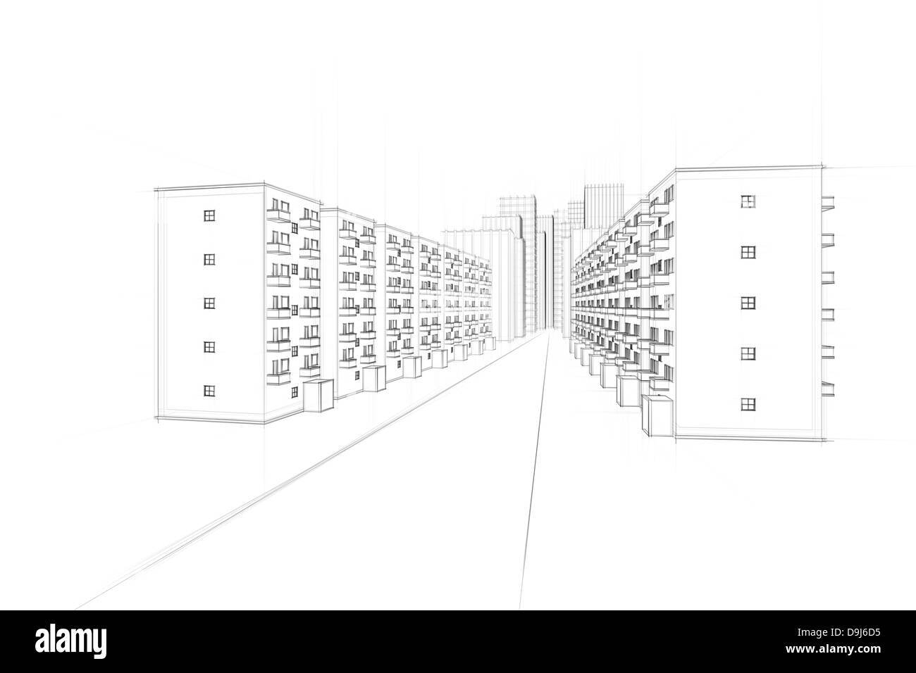 sketch of urban residential street with apartment houses and ...