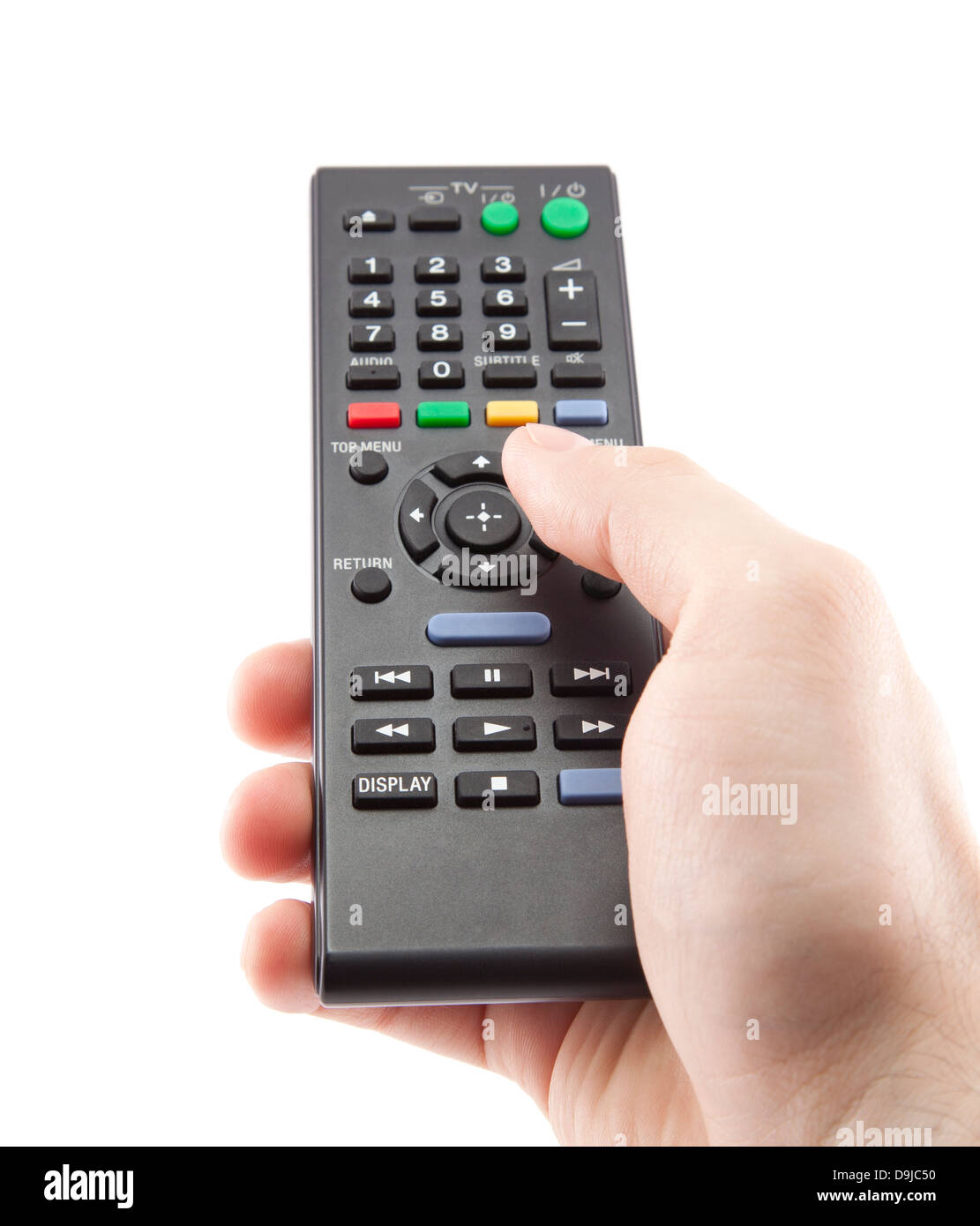 Hand pressing remote control isolated on white Stock Photo - Alamy