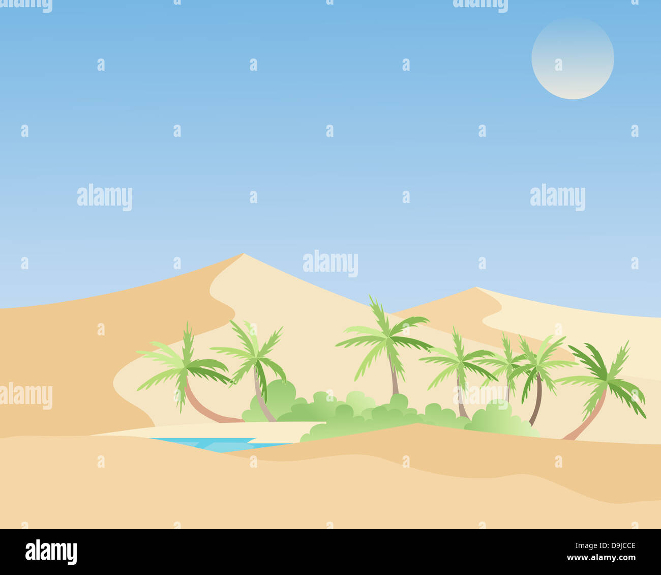 an illustration of a beautiful oasis in a hot desert landscape with ...