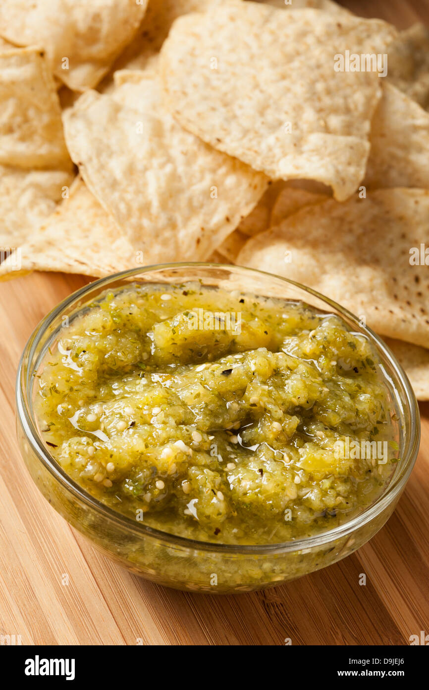 Fresh Homemade Salsa Verde with tortilla chips Stock Photo - Alamy