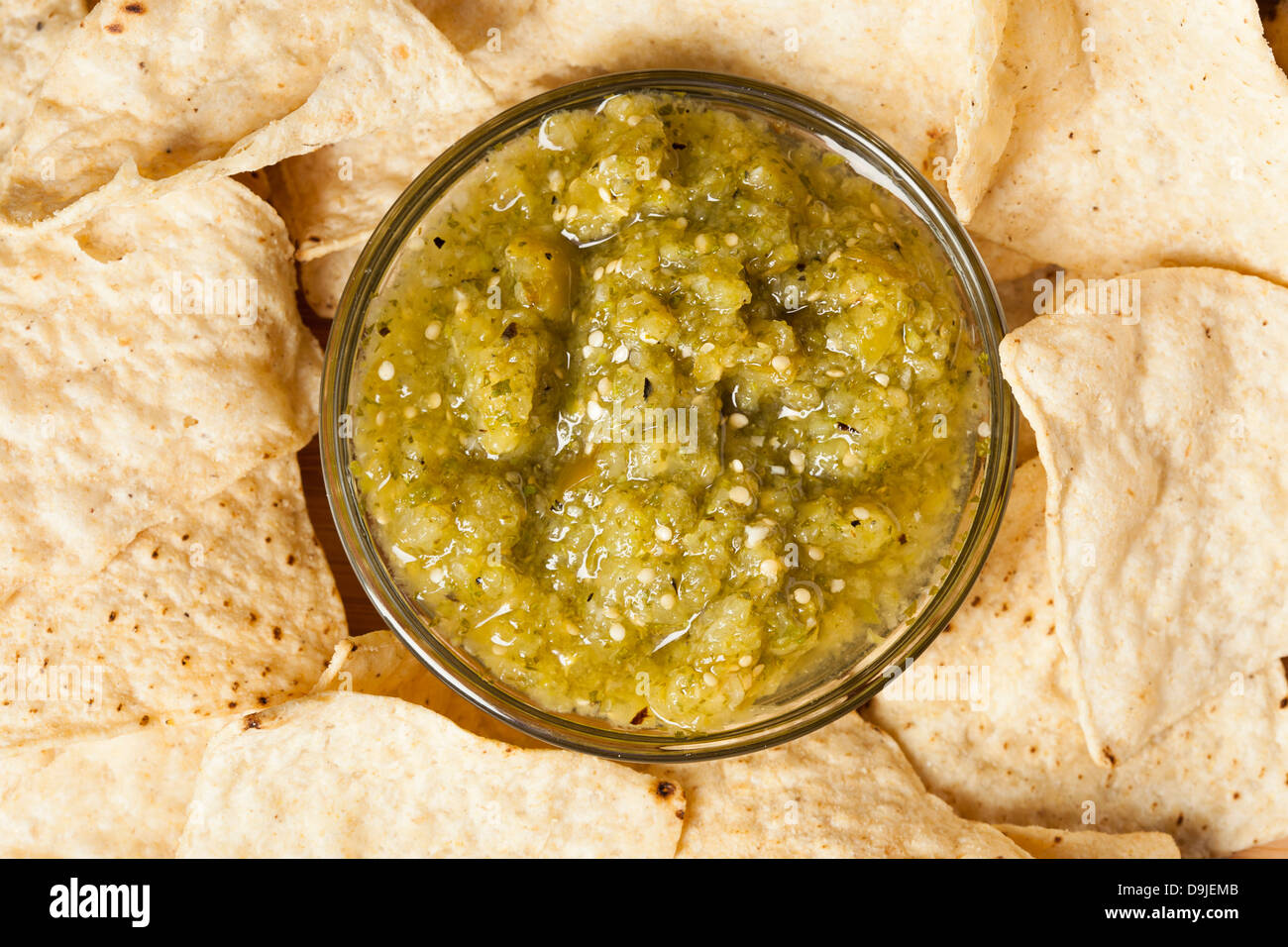 Fresh Homemade Salsa Verde with tortilla chips Stock Photo - Alamy